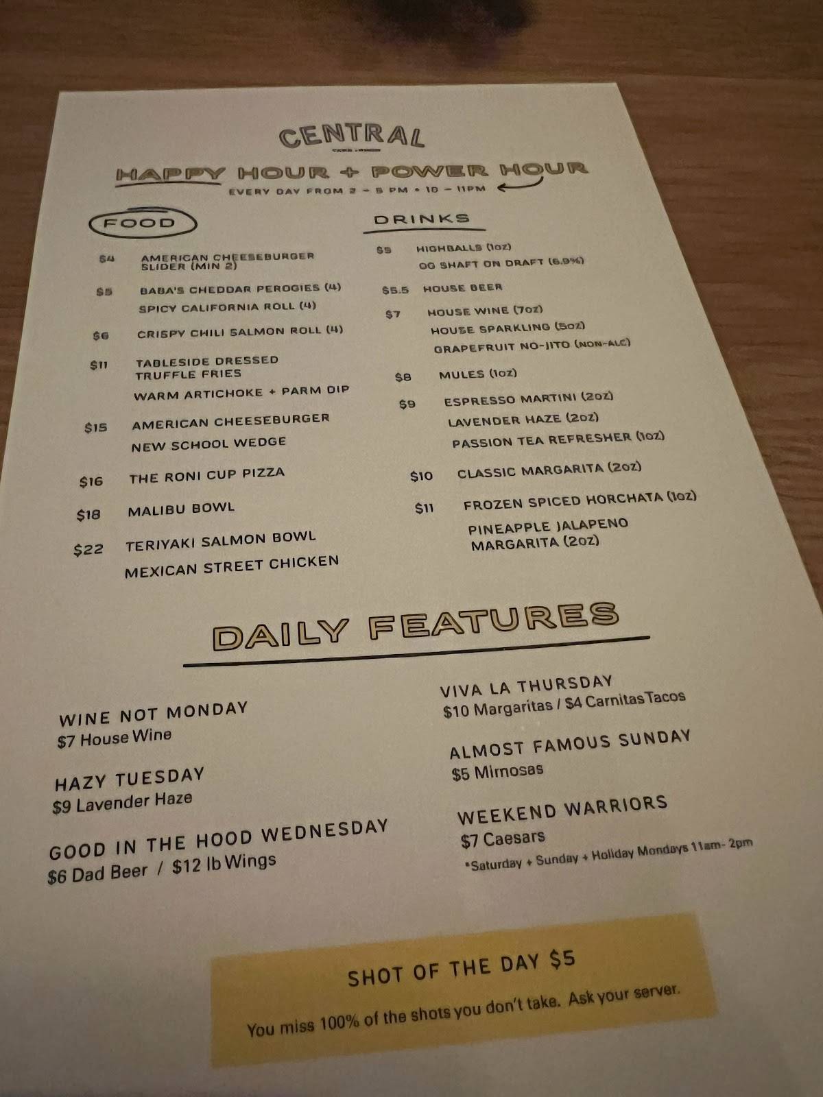 Menu at Central Restaurants - Calgary Beltline, Calgary