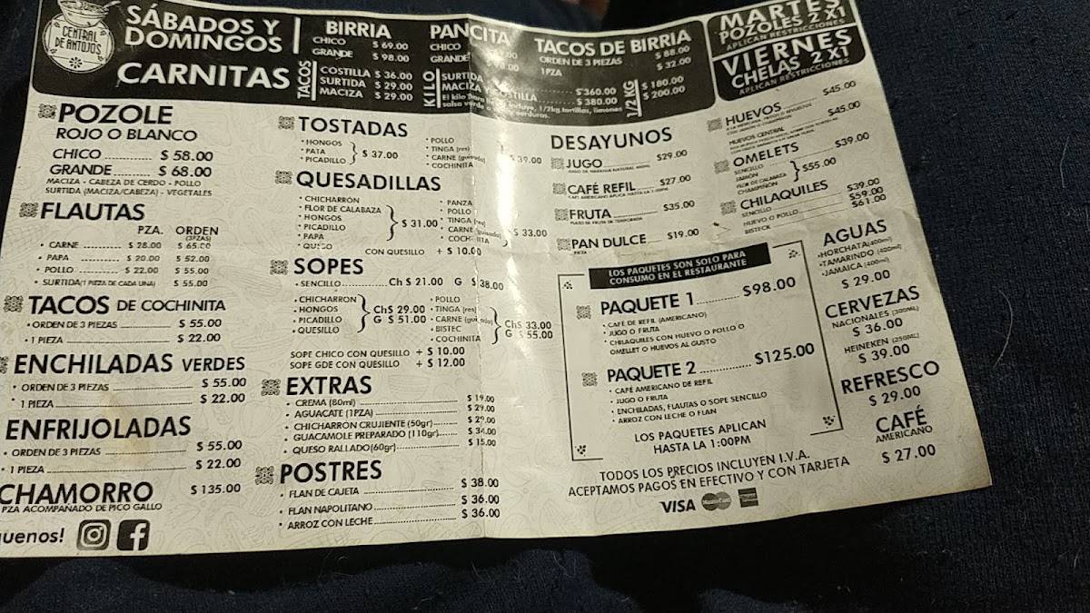 Carta del restaurante Central del Antojos, Ciudad del México