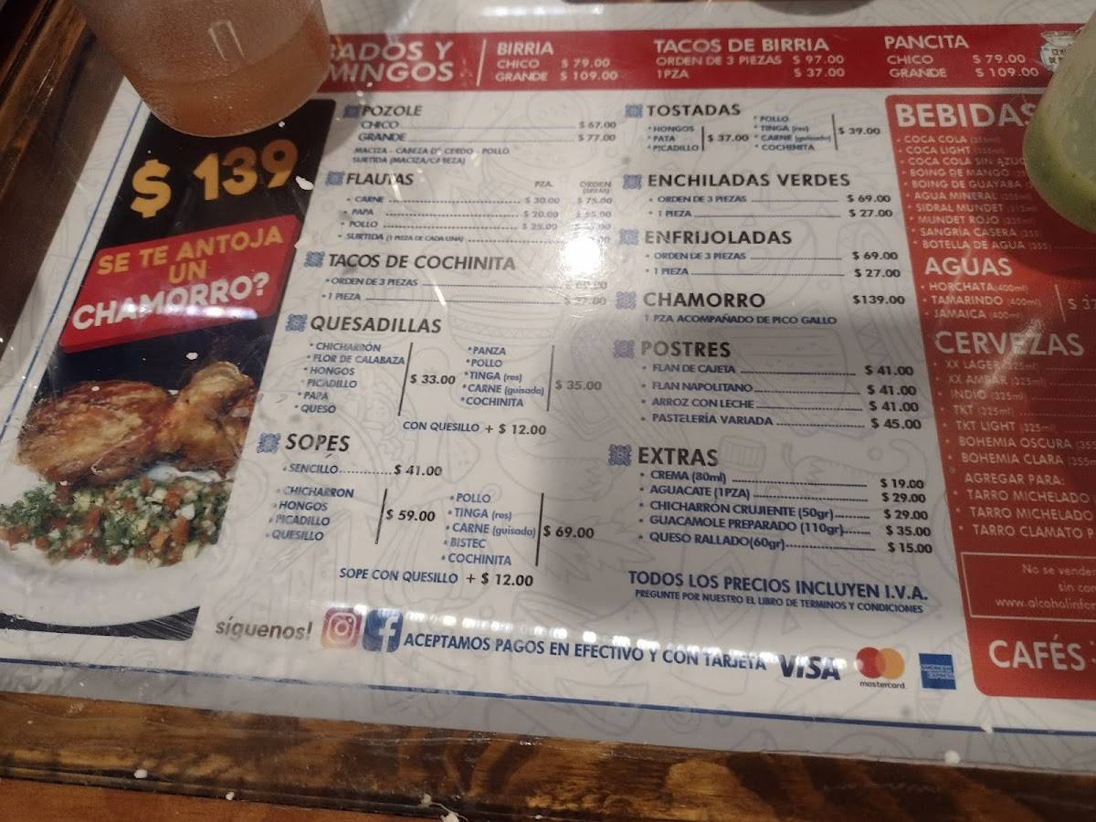 Carta del restaurante Central del Antojos, Ciudad del México
