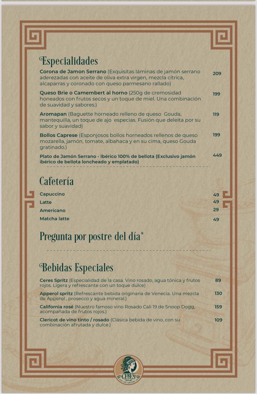 Menu at Ceres restaurant, Ciudad Guzmán