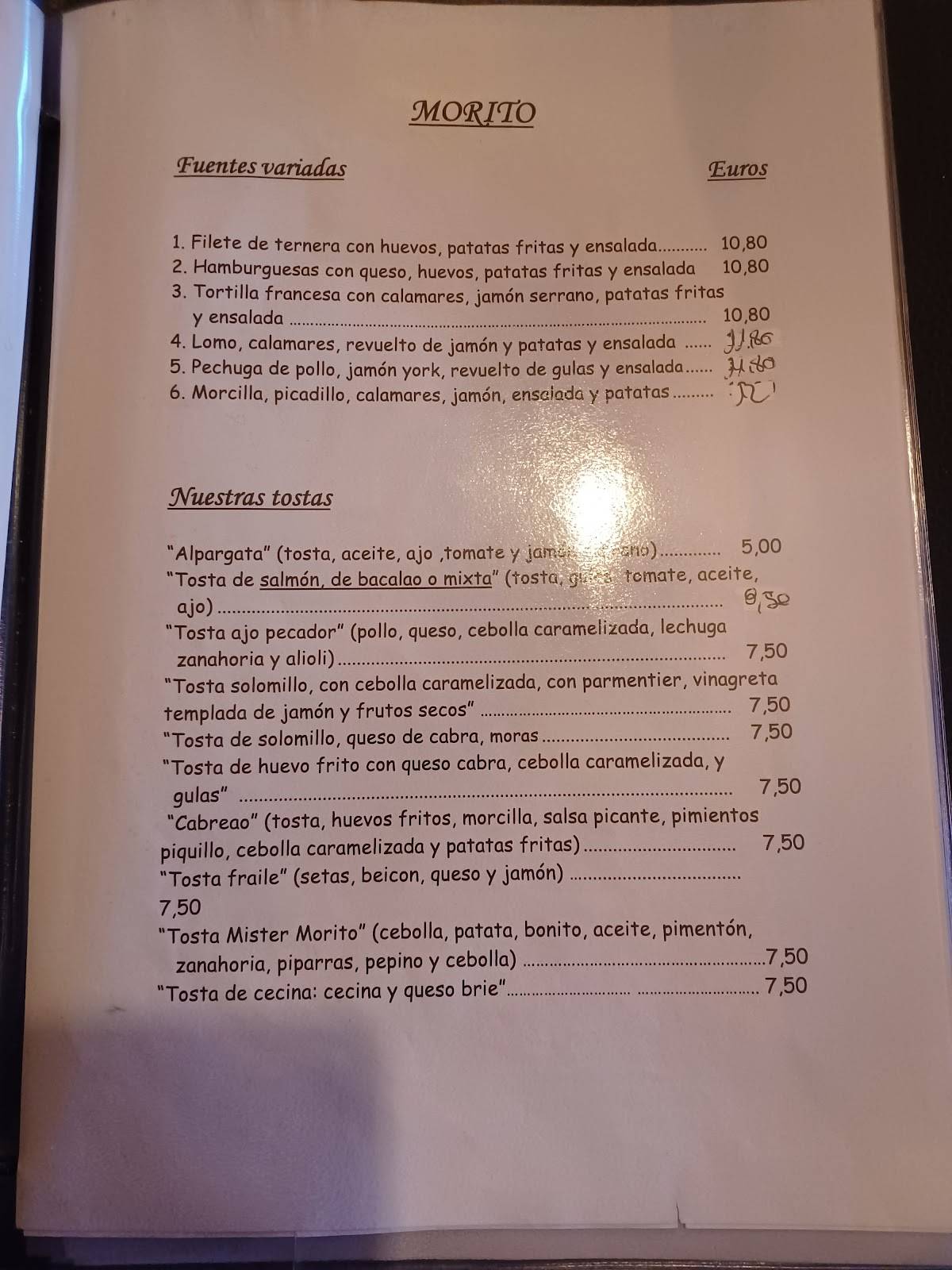 Menu at Cervecería Morito pub & bar, Burgos