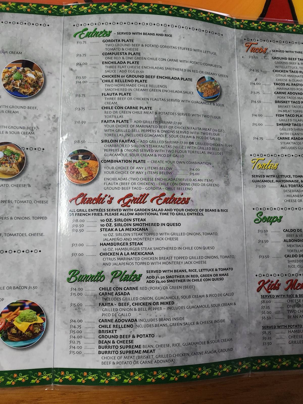 Menu at Chachi's restaurant, Las Cruces, 505 Joe Gutierrez St