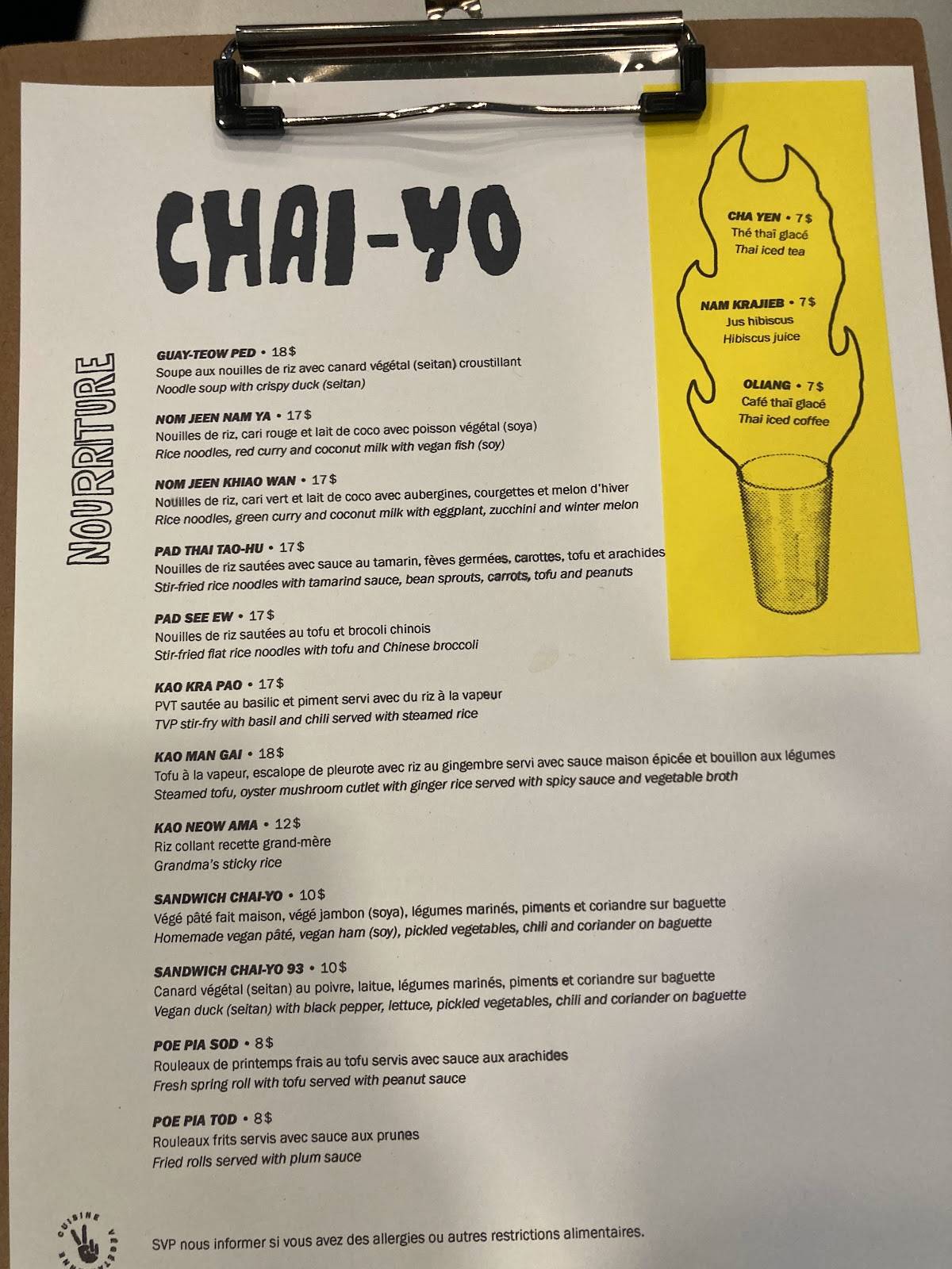 Menu at Chai-Yo restaurant, Canada