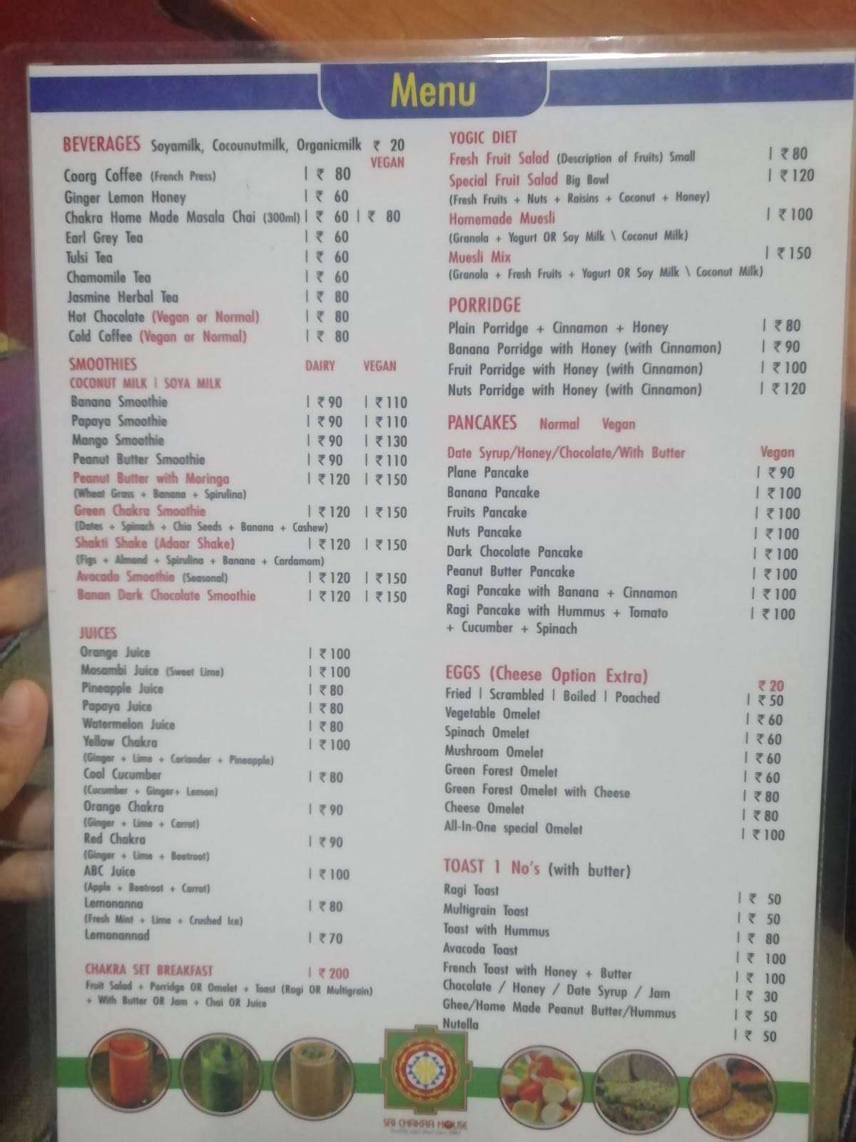 Menu at Chakra House Cafe, Mysuru