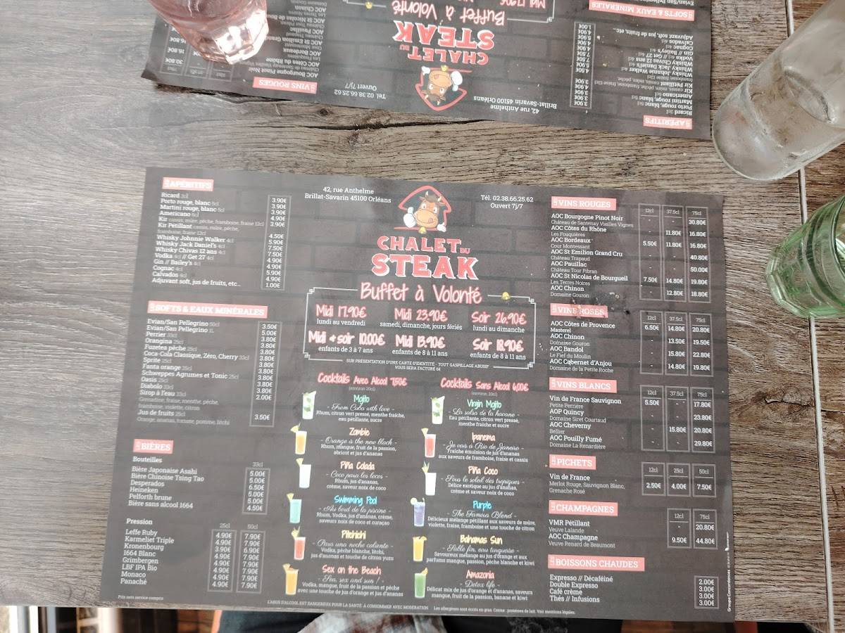 Menu au Chalet du steak restaurant, Orléans