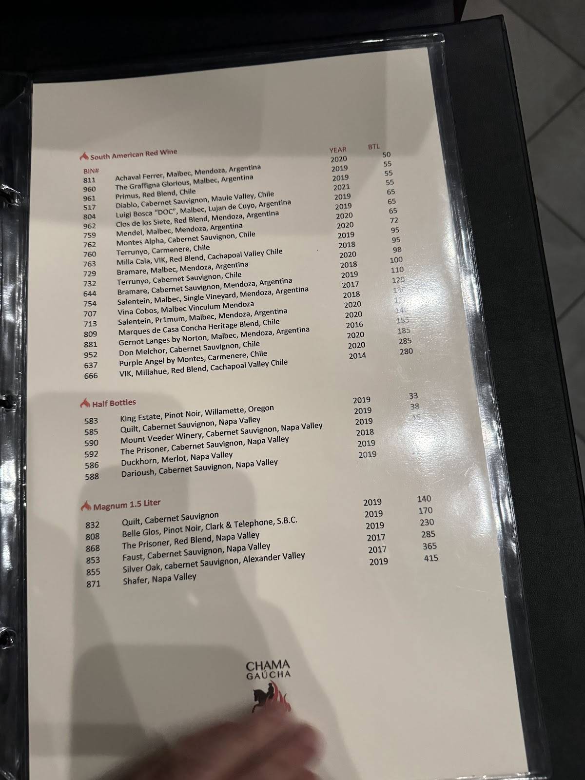 Menu at Chama Gaúcha Brazilian Steakhouse - Dallas-Fort Worth, Grapevine