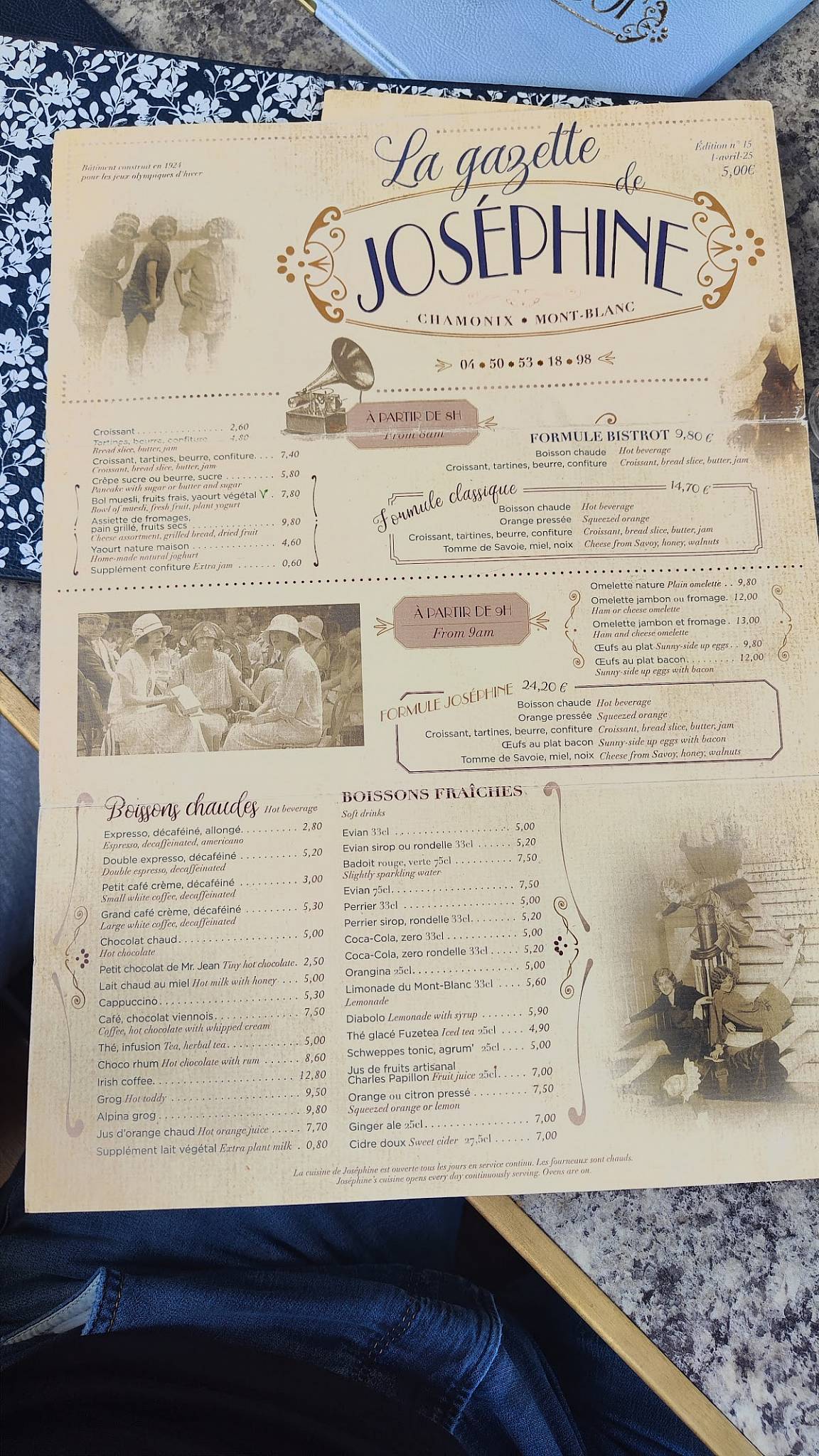 Menu at Josephine Restaurant, Chamonix