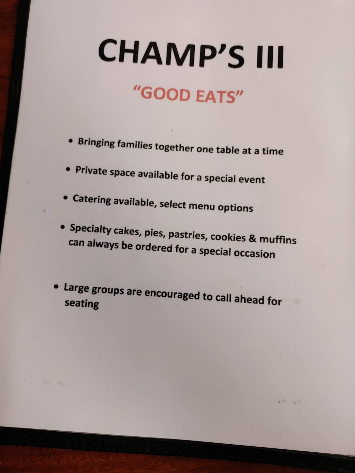 Menu at Champ's III restaurant, Arcadia