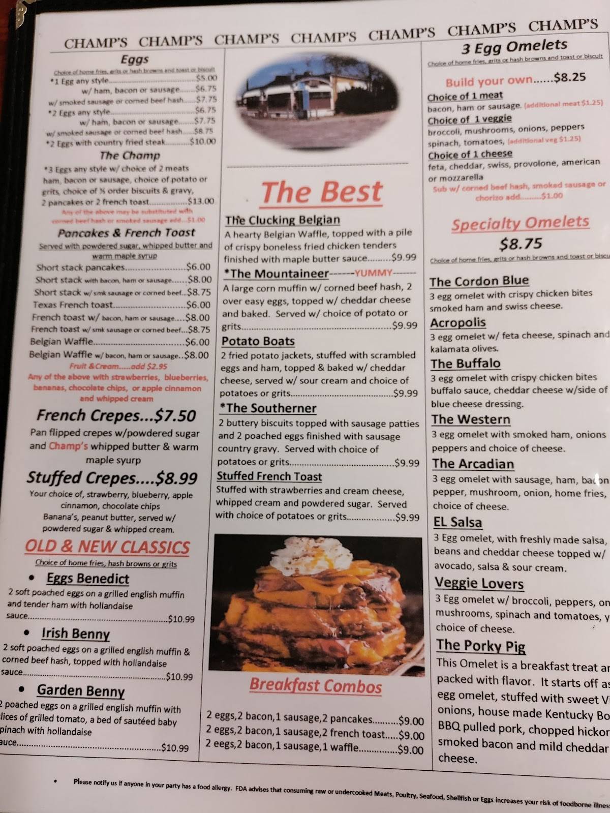 Menu at Champ's III restaurant, Arcadia