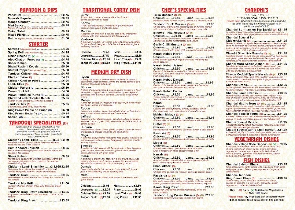 Menu at Chandni Indian Cuisine restaurant, Burnham-on-Sea