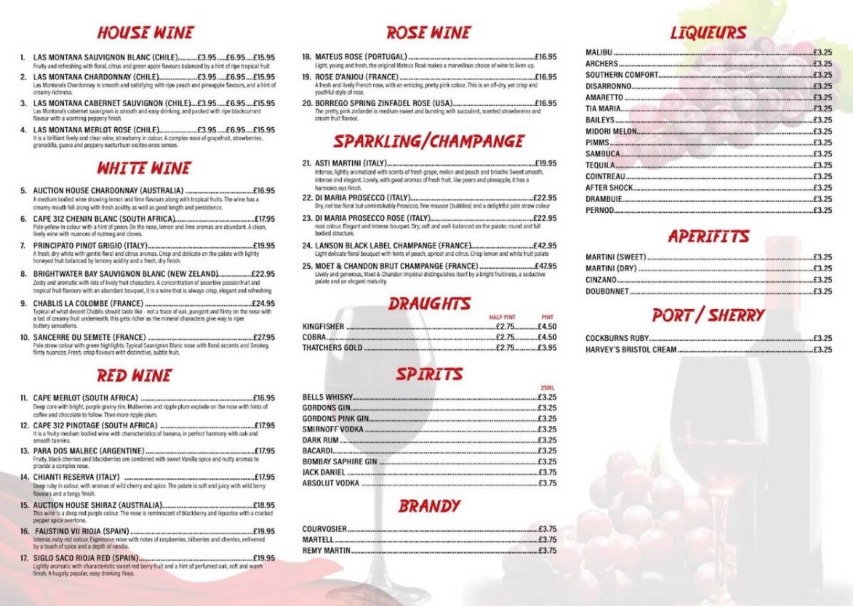 Menu at Chandni Indian Cuisine restaurant, Burnham-on-Sea