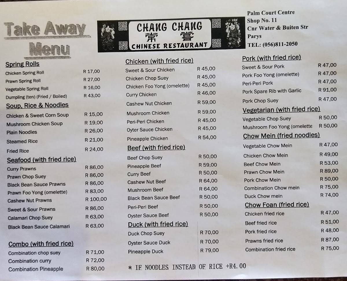 Menu at Chang Chang Chinese Restaurant., Parys