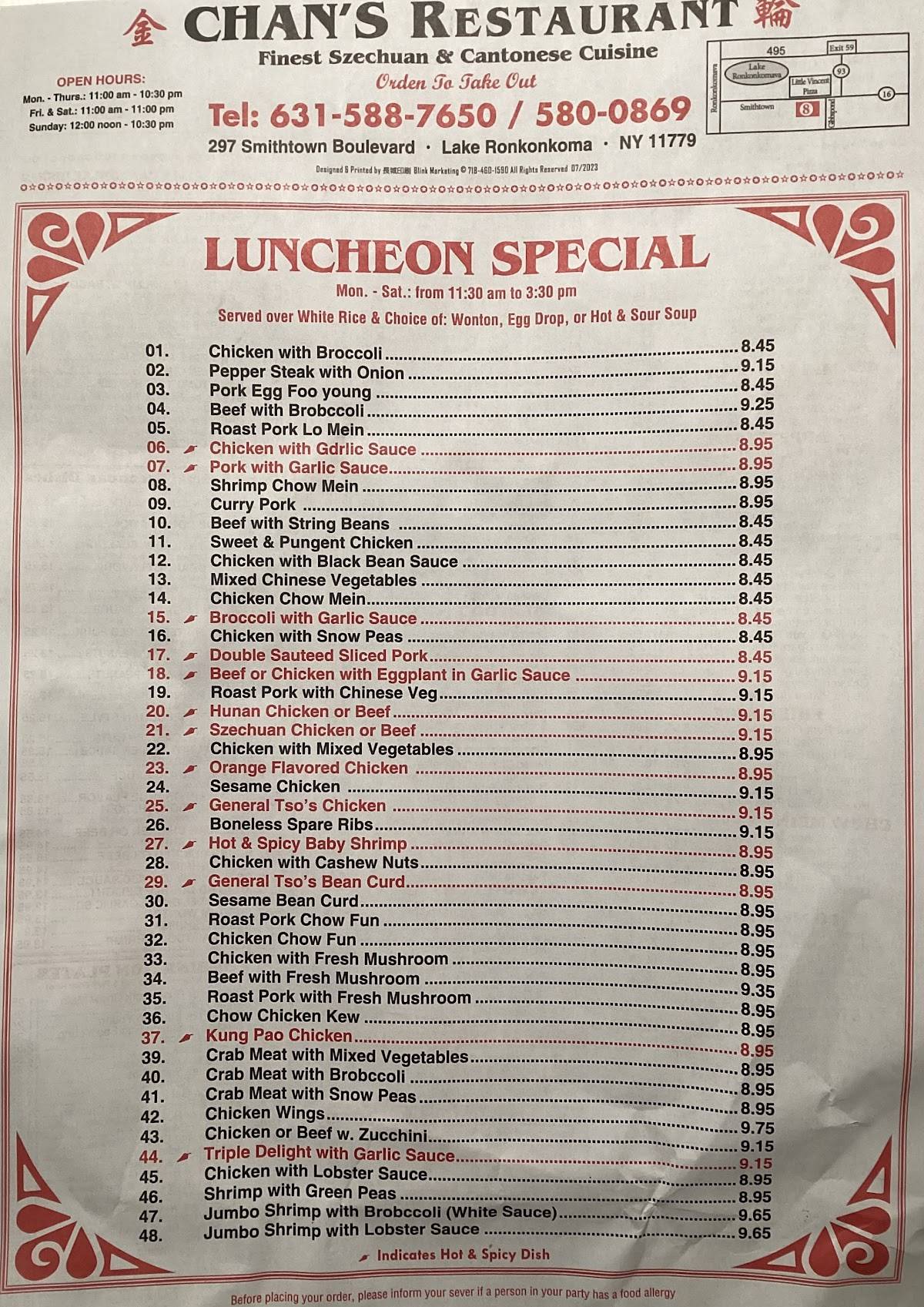 Menu at Chan's restaurant, Lake Ronkonkoma
