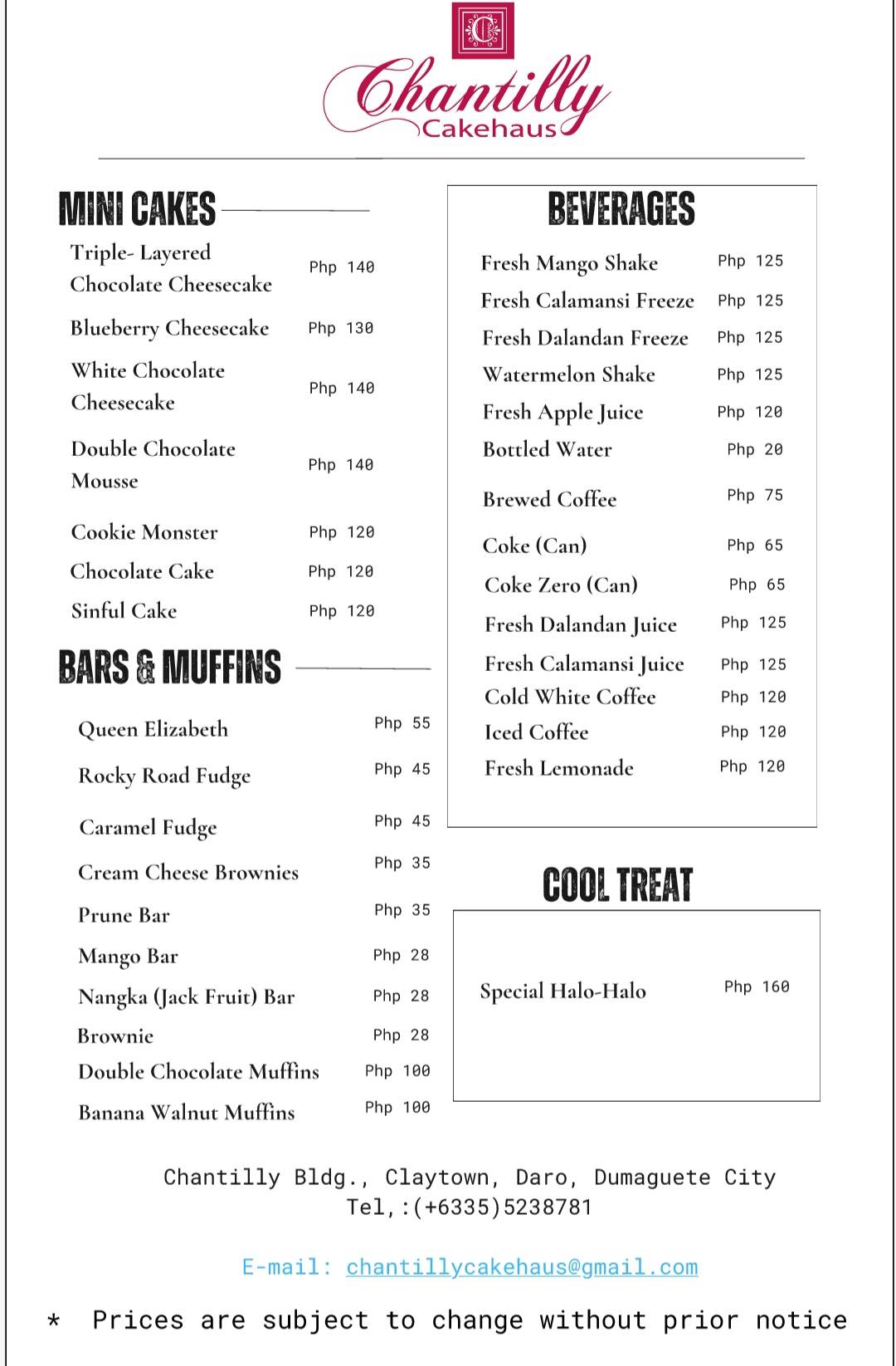Menu at Chantilly Cake Haus cafe, Dumaguete