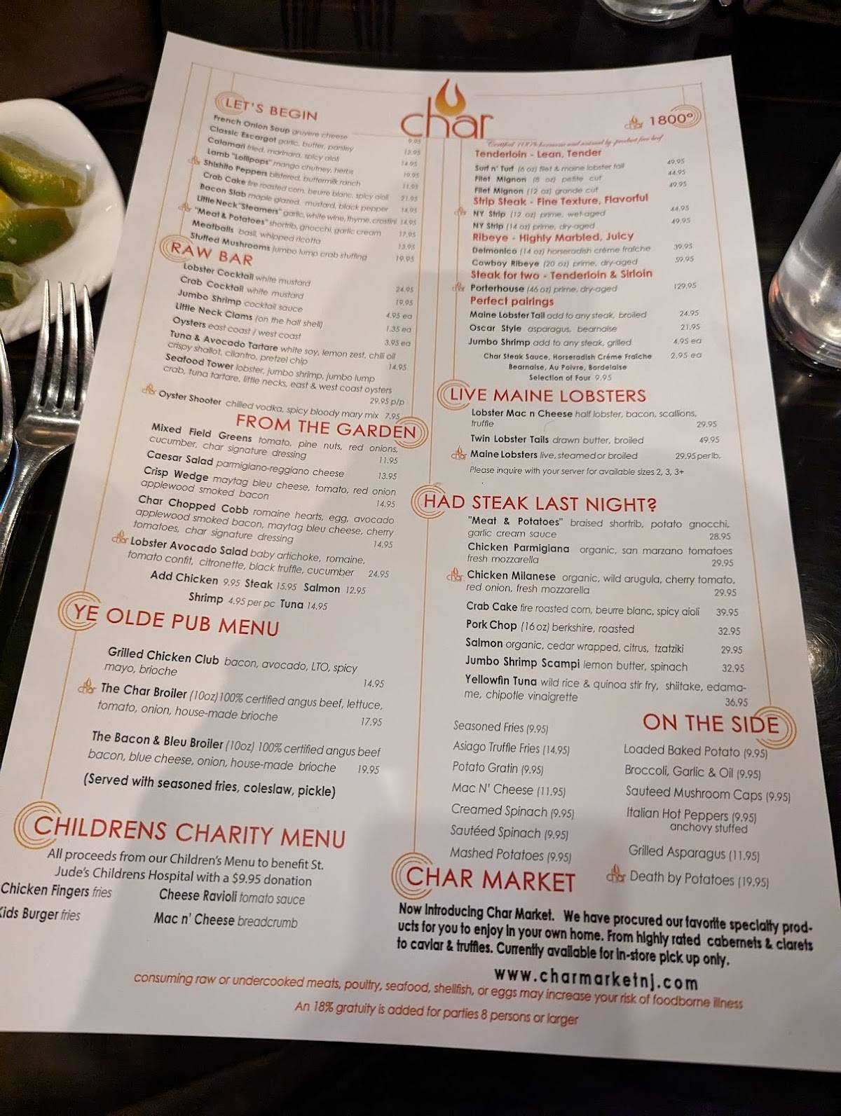 Menu at Char Steakhouse, Raritan