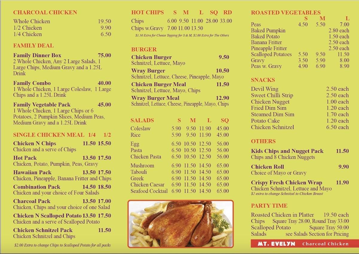 Menu at Charcoal Chicken restaurant, Mount Evelyn, 29 Wray Cres