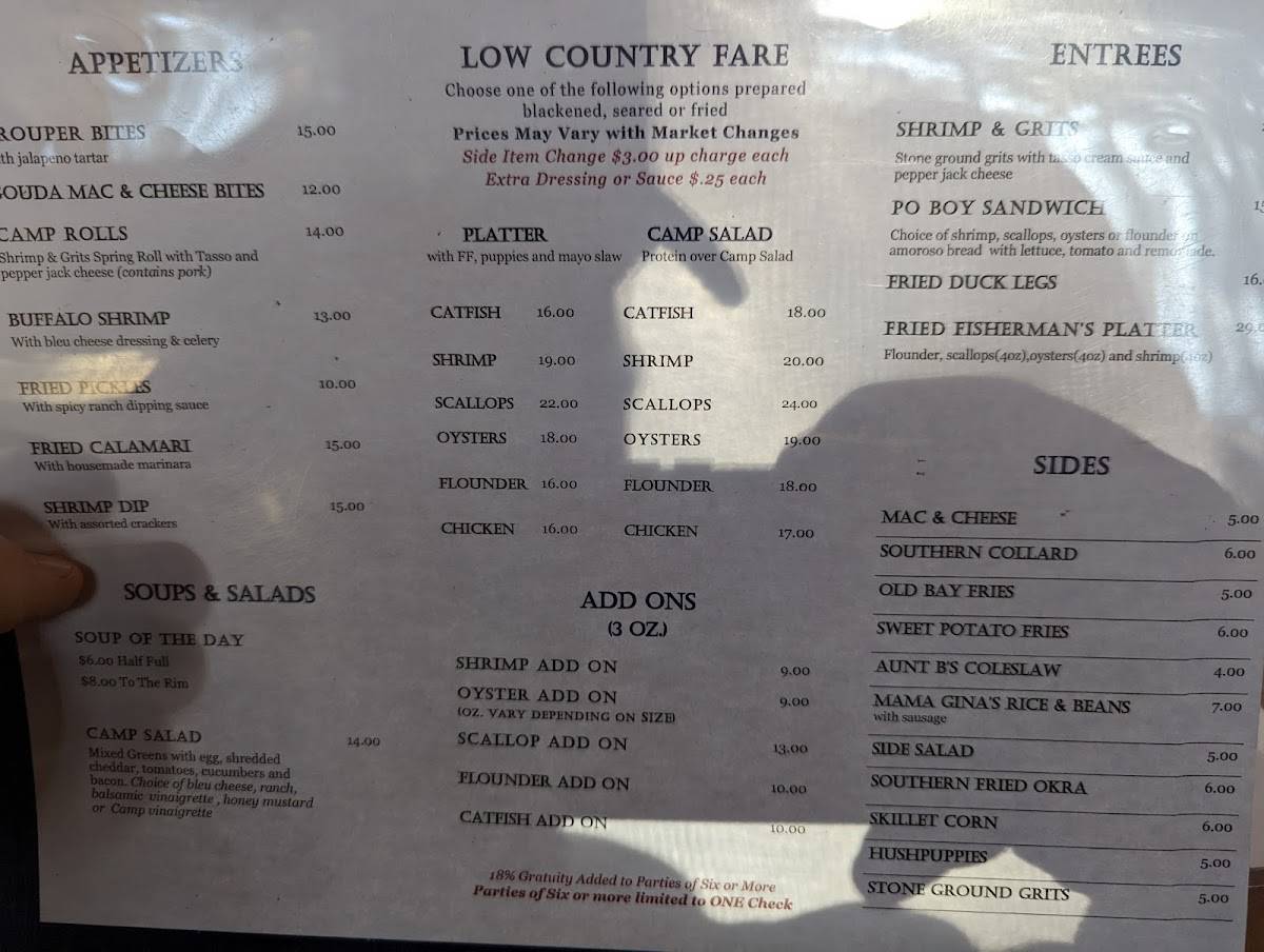 Menu at Low Country Fish Camp restaurant, Summerville