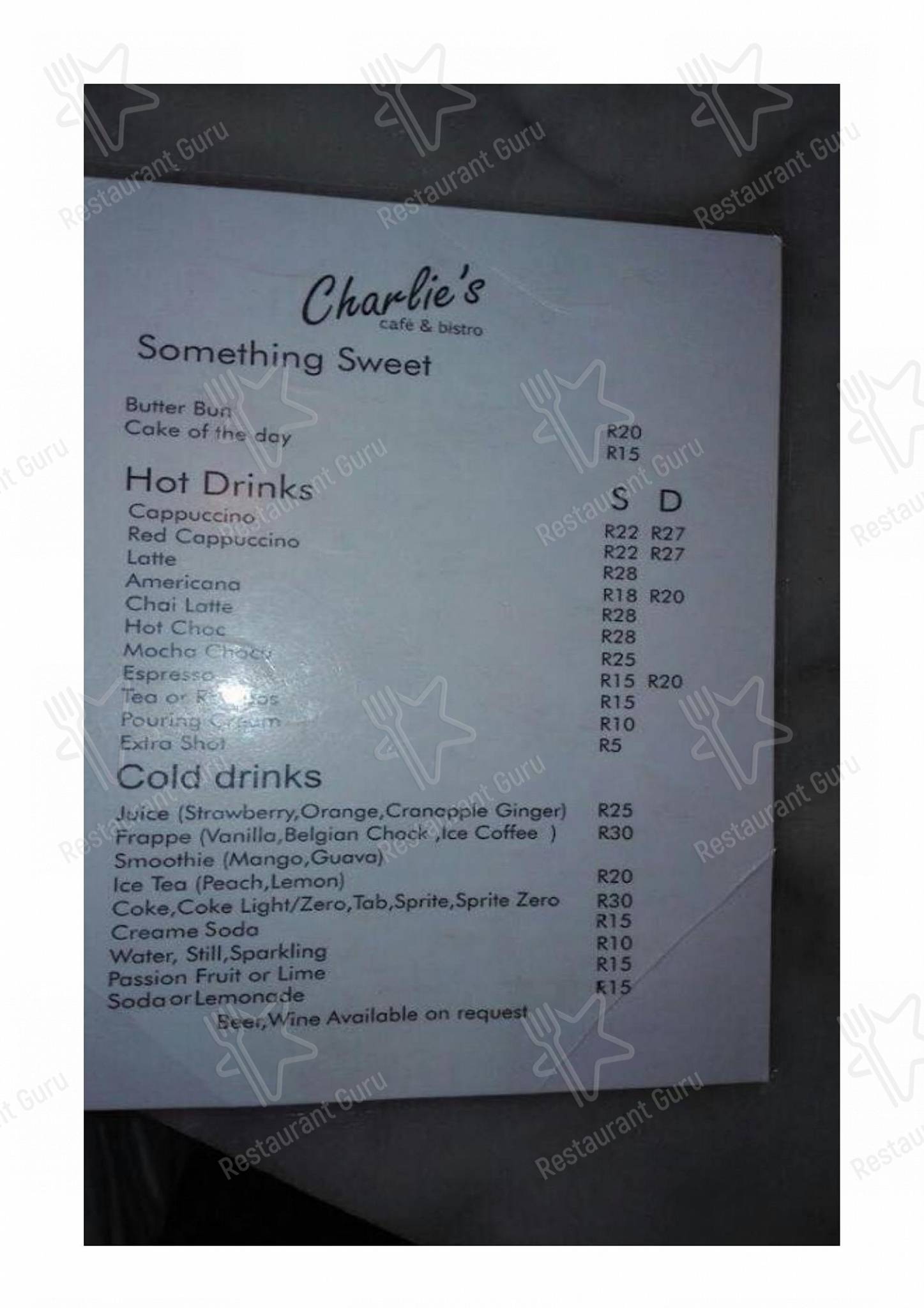 Menu at Charlie’s Coffee Shop cafe, Durban