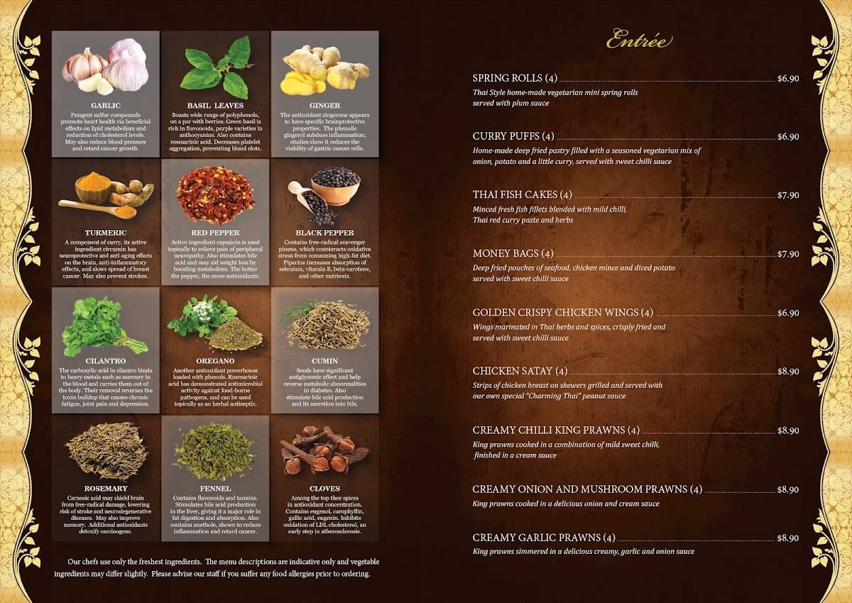 Menu at Charming Thai restaurant, Charmhaven