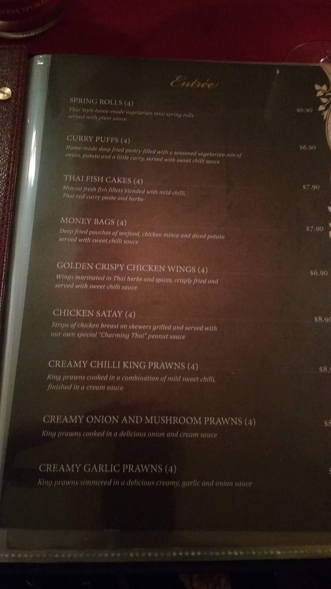 Menu at Charming Thai restaurant, Charmhaven