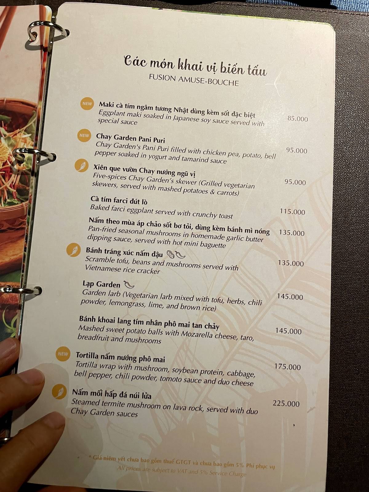Menu at Chay Garden restaurant, Ho Chi Minh City