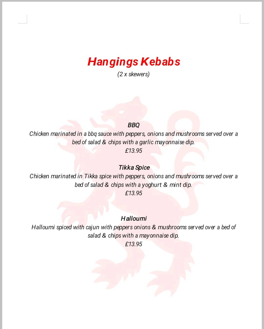 Menu at Red Lion pub & bar, Leek, 37 Cheadle Rd