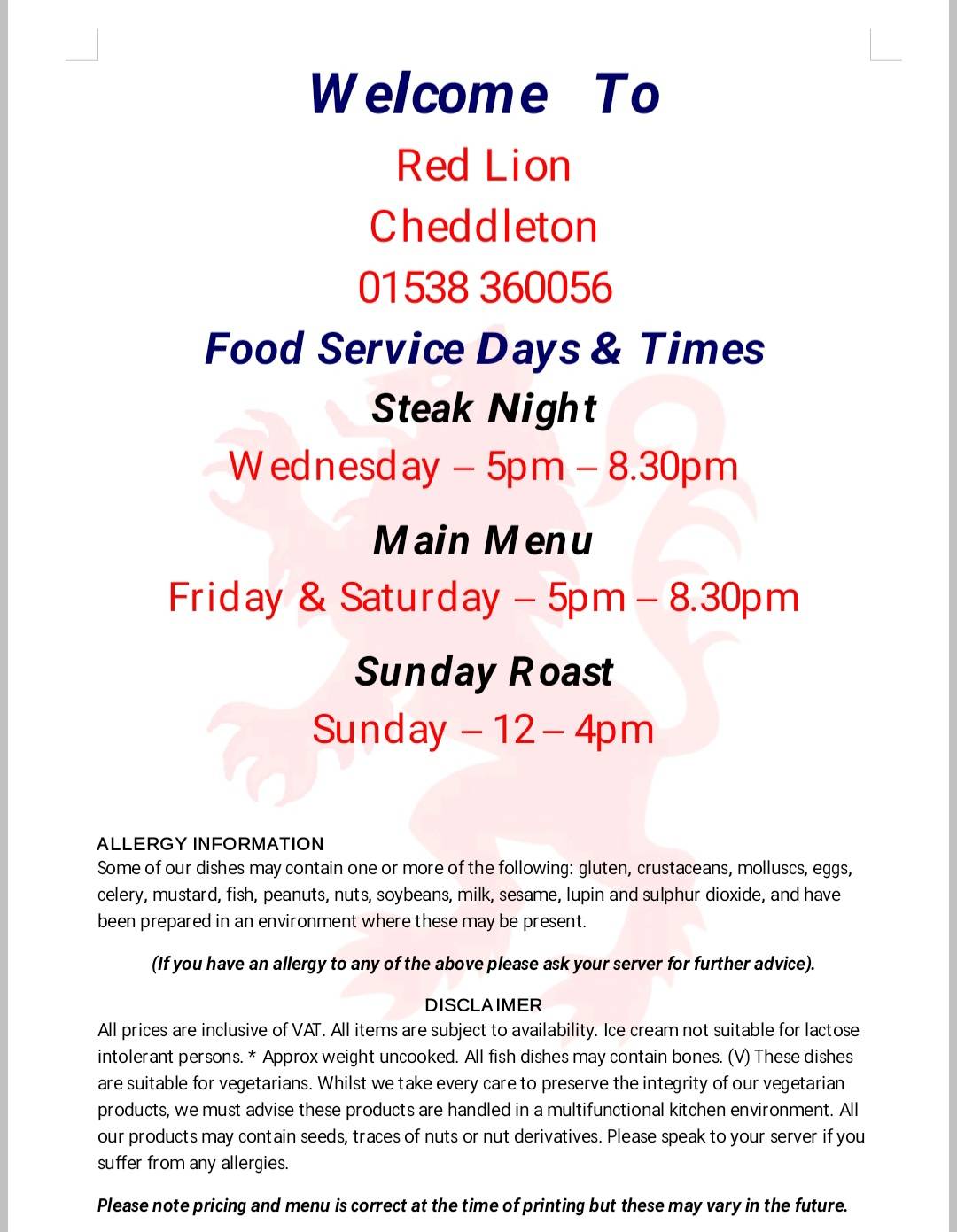 Menu at Red Lion pub & bar, Leek, 37 Cheadle Rd