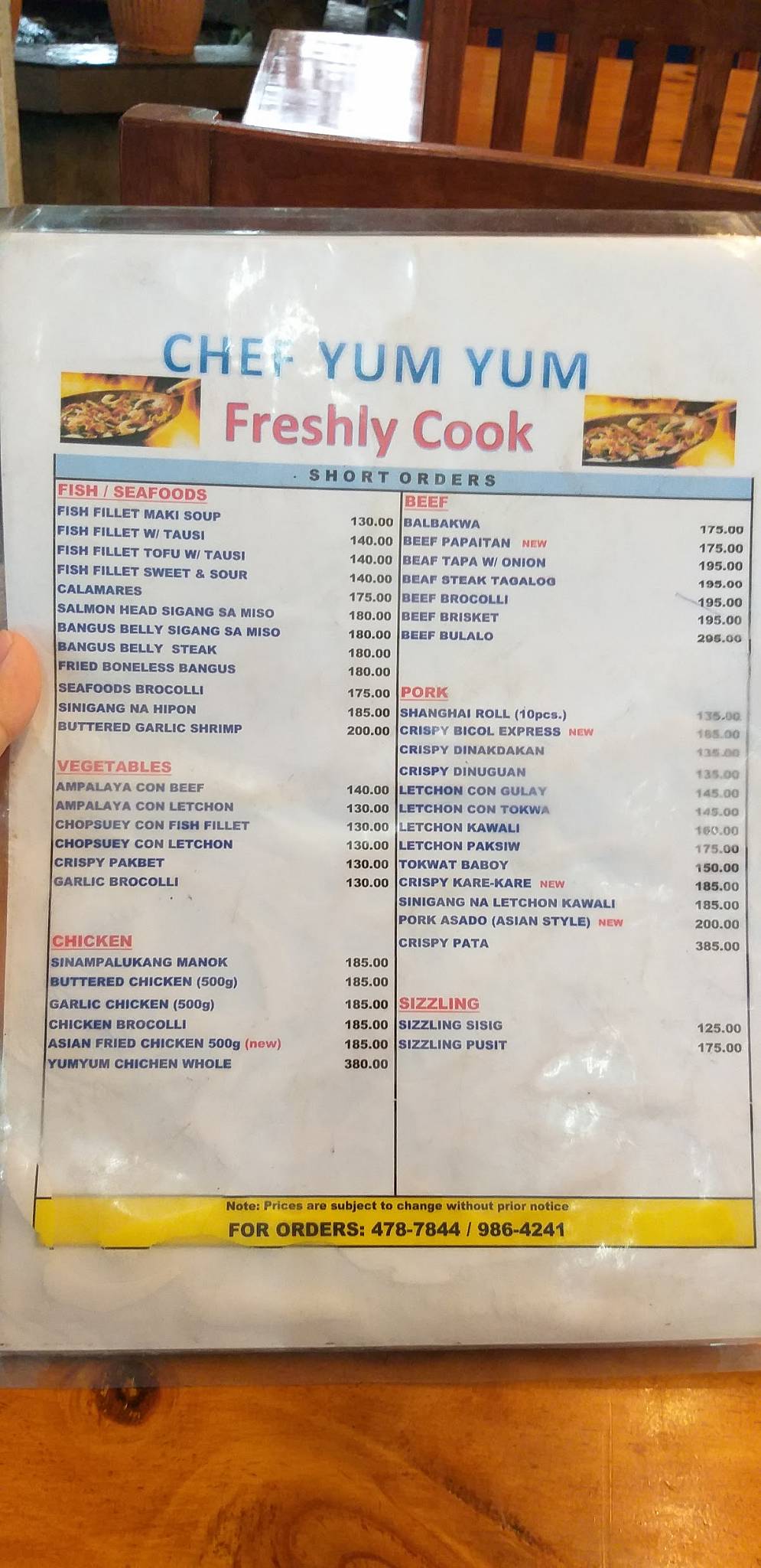Menu at Chef Yum Yum restaurant, San Pedro