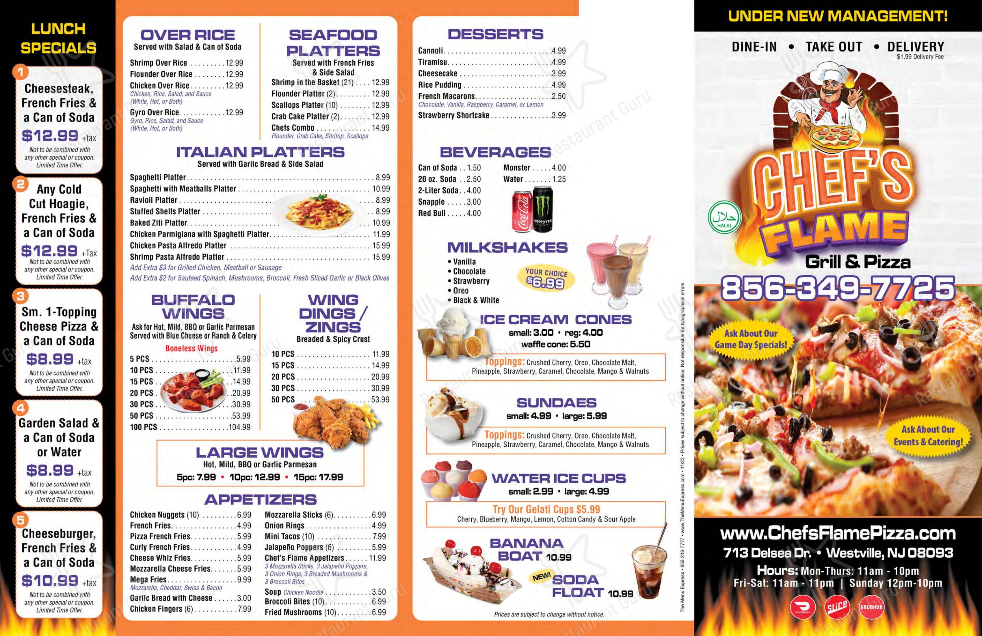 Menu at Chef’s Flame Pizza & Grill restaurant, Westville