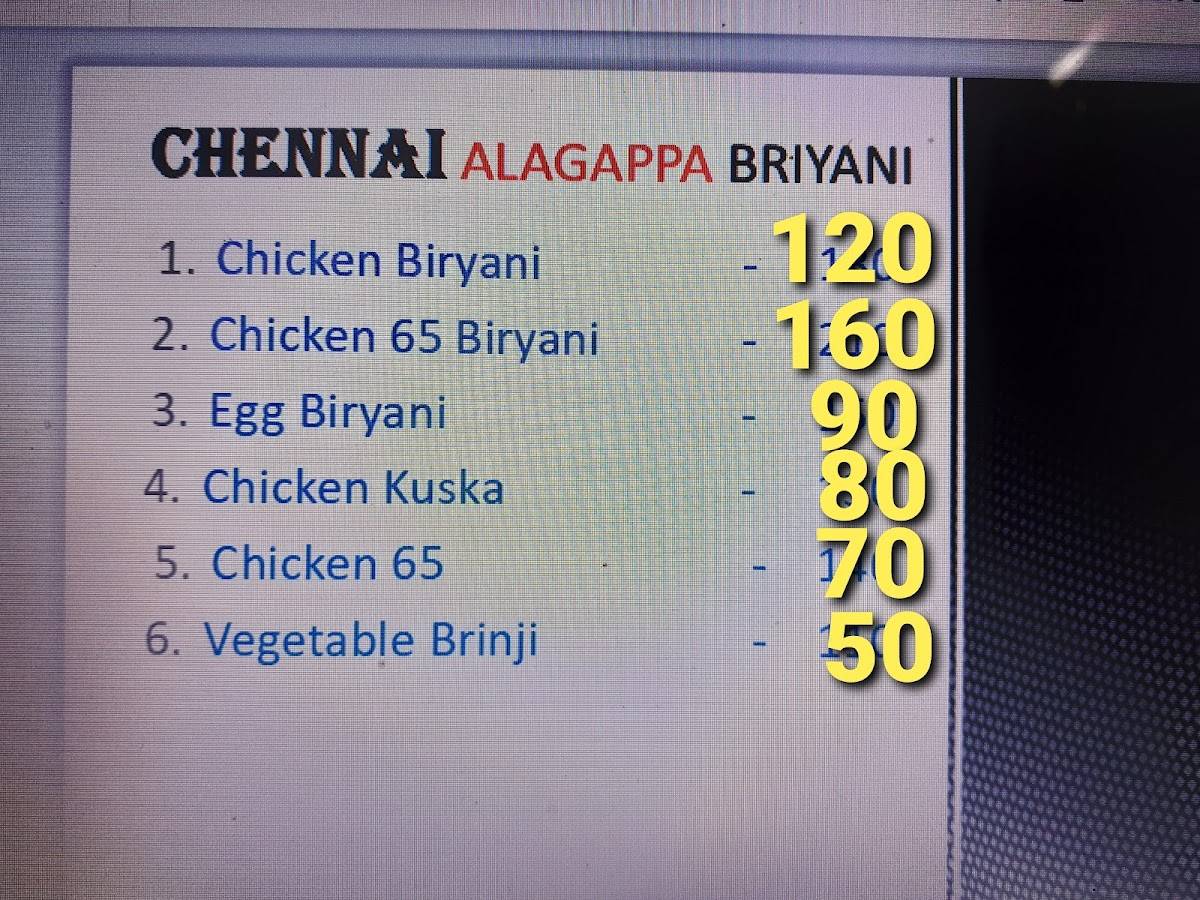 Menu at Chennai Alagappa biryani, Kandigai