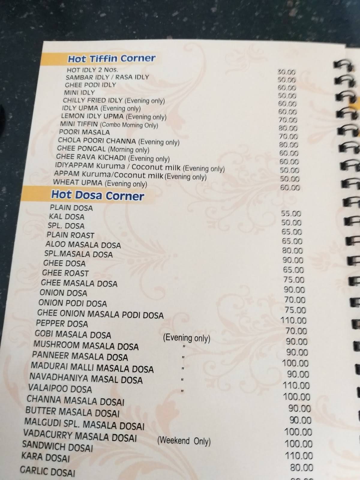 Menu at Hot Dosai, Chennai, 170/2