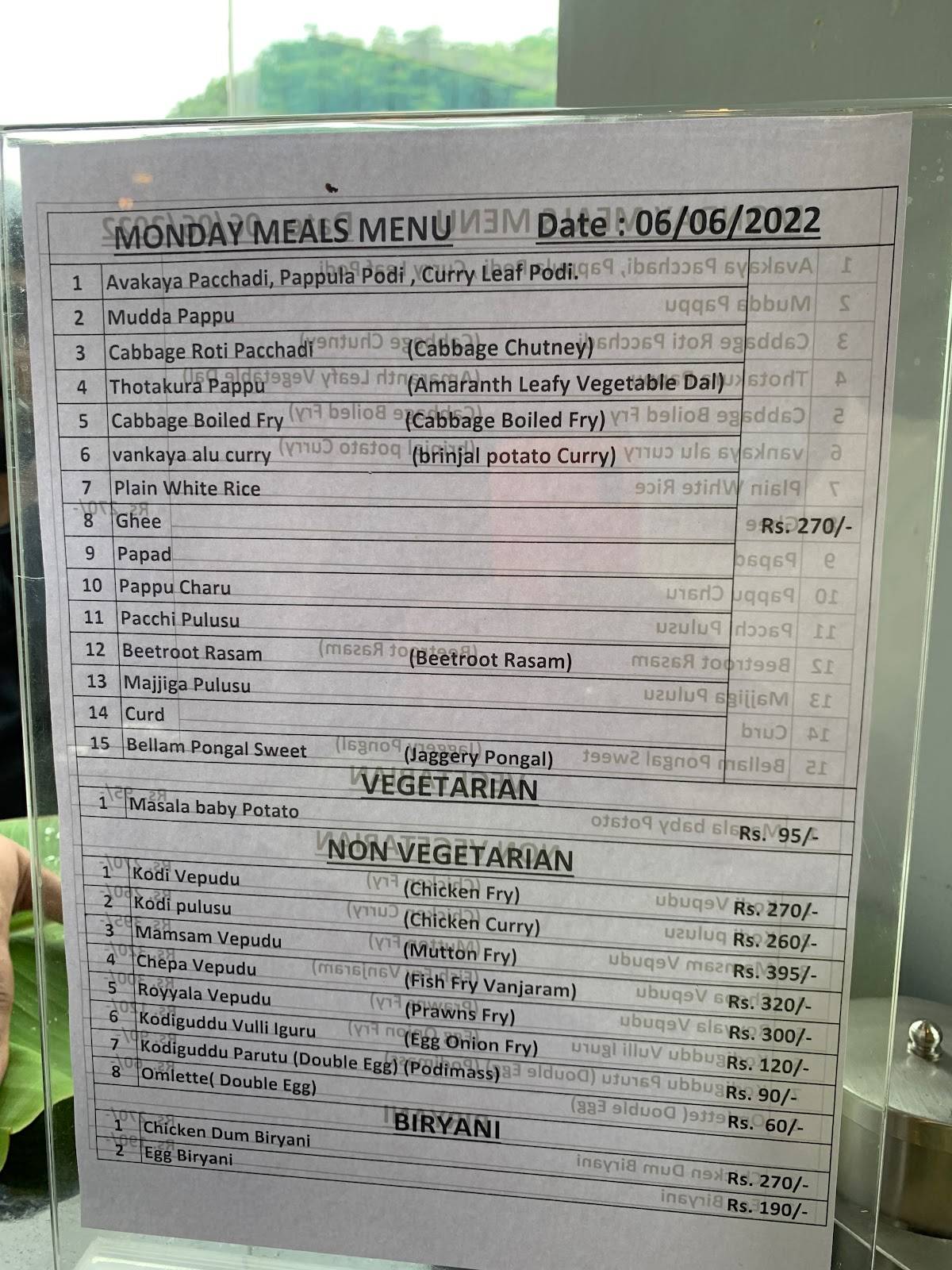 Menu at Inti Bhojanam, Chennai