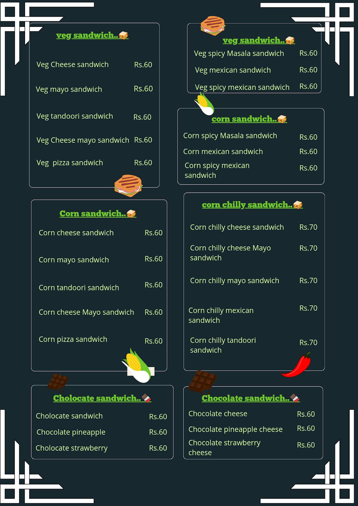 Menu at Snacks Block, Chennai
