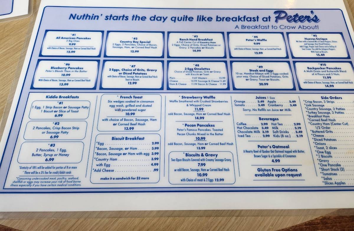 Menu at Peter's Pancakes & Waffles restaurant, Cherokee, Tsali Blvd