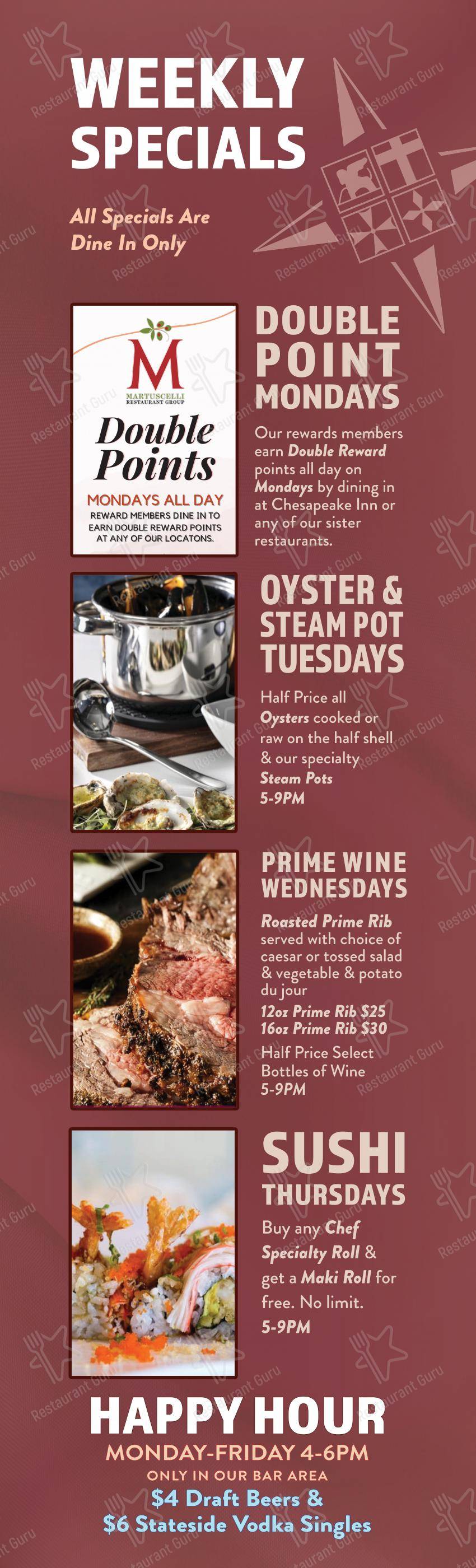 Menu at Chesapeake Inn Restaurant & Marina, Chesapeake City