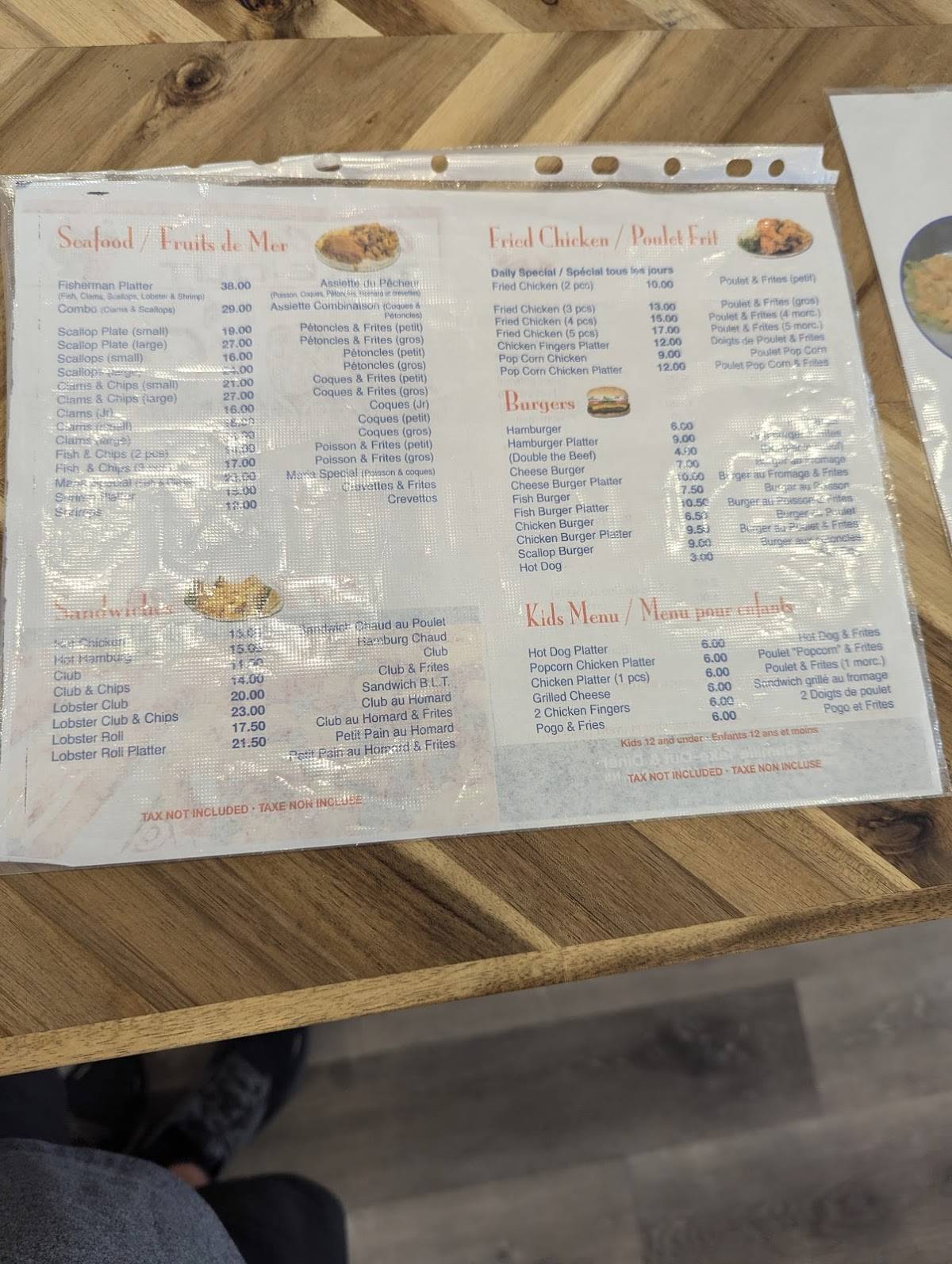 Menu at Chez Camille Take Out restaurant, Cap-Pele