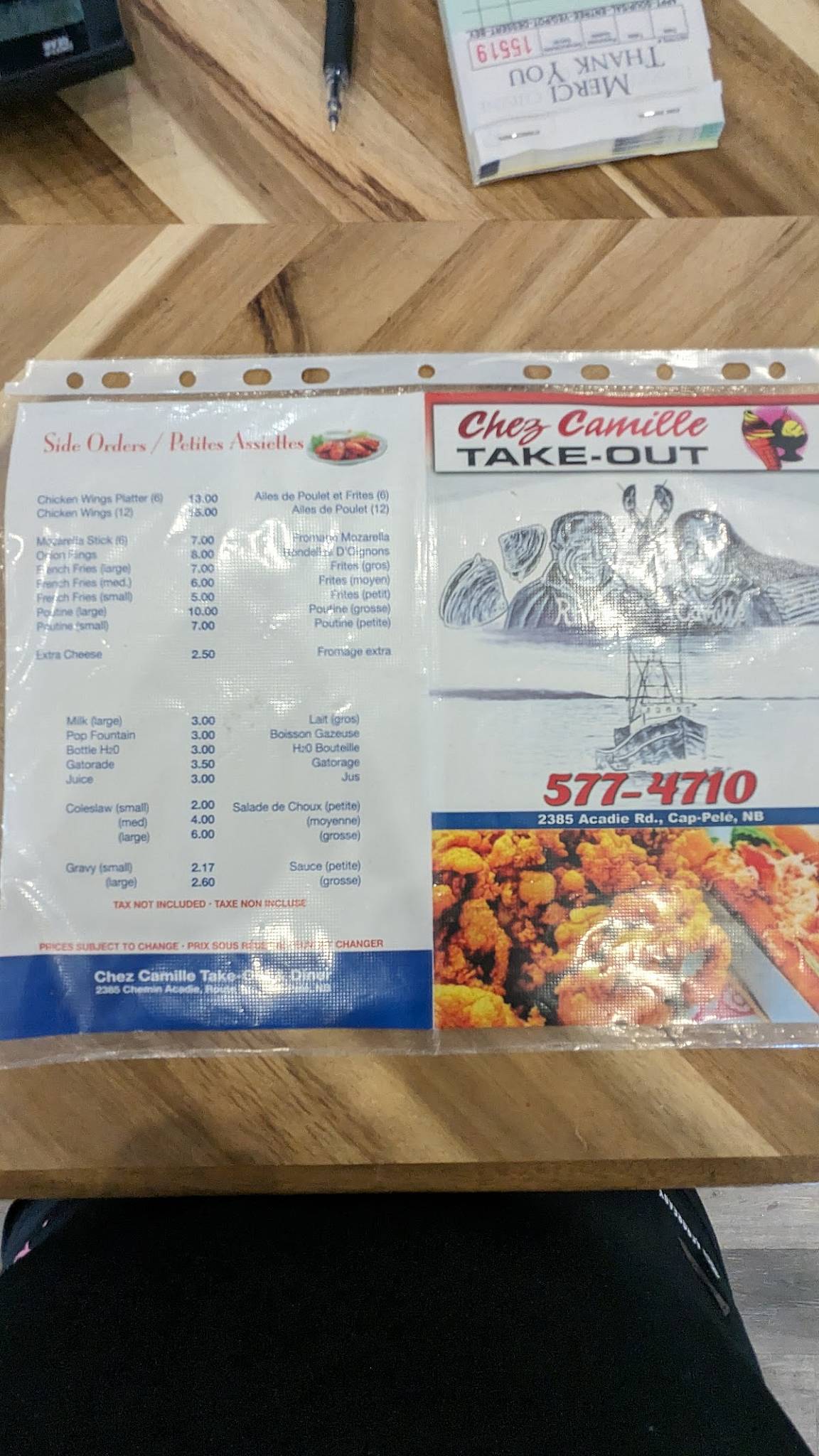 Menu at Chez Camille Take Out restaurant, Cap-Pele