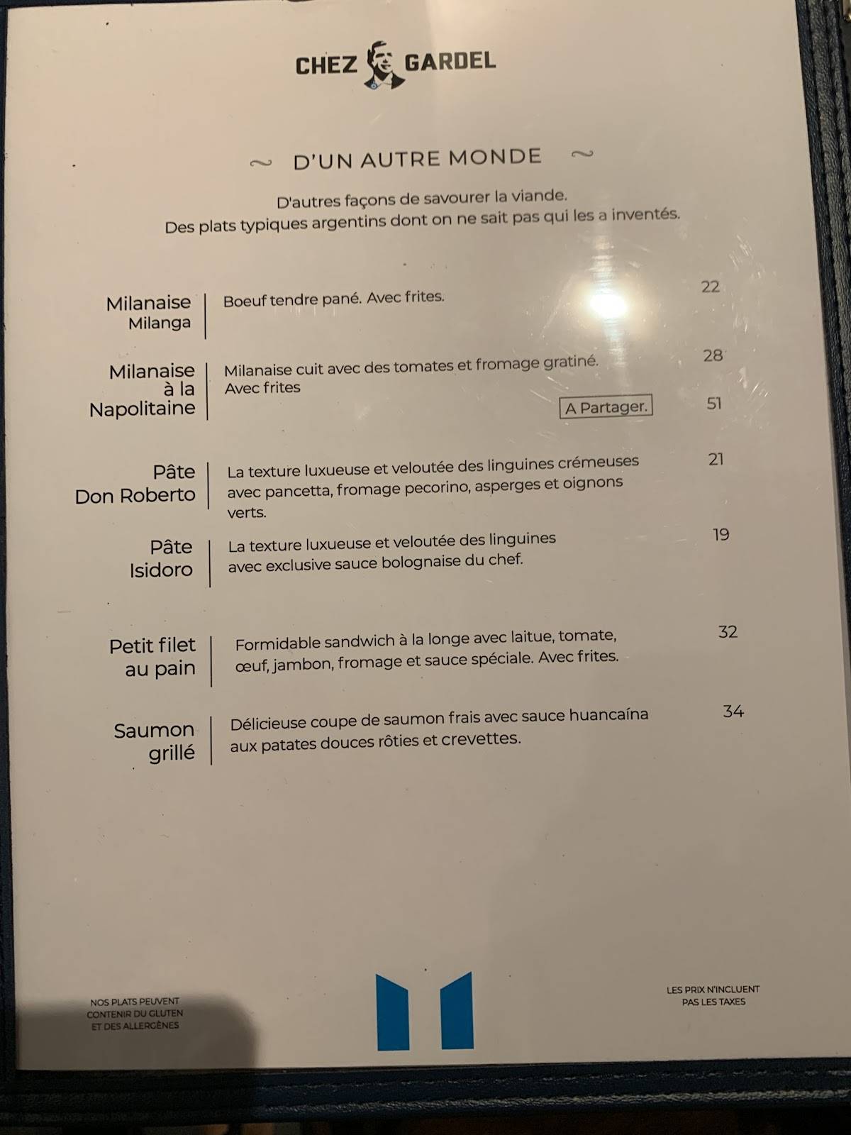 Menu at Chez Gardel restaurant, Boucherville