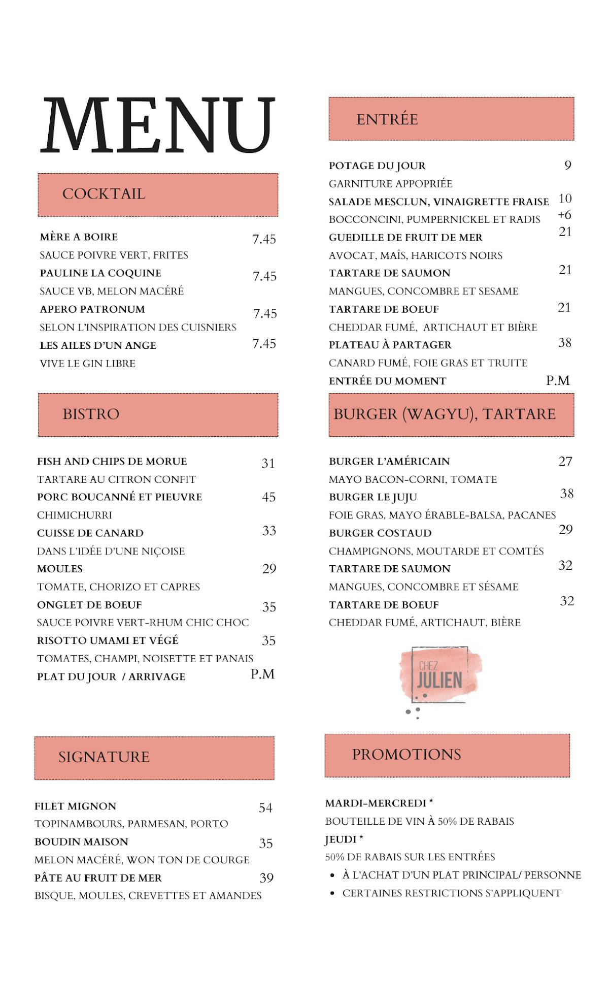 Menu au Restaurant Chez Julien, La Prairie