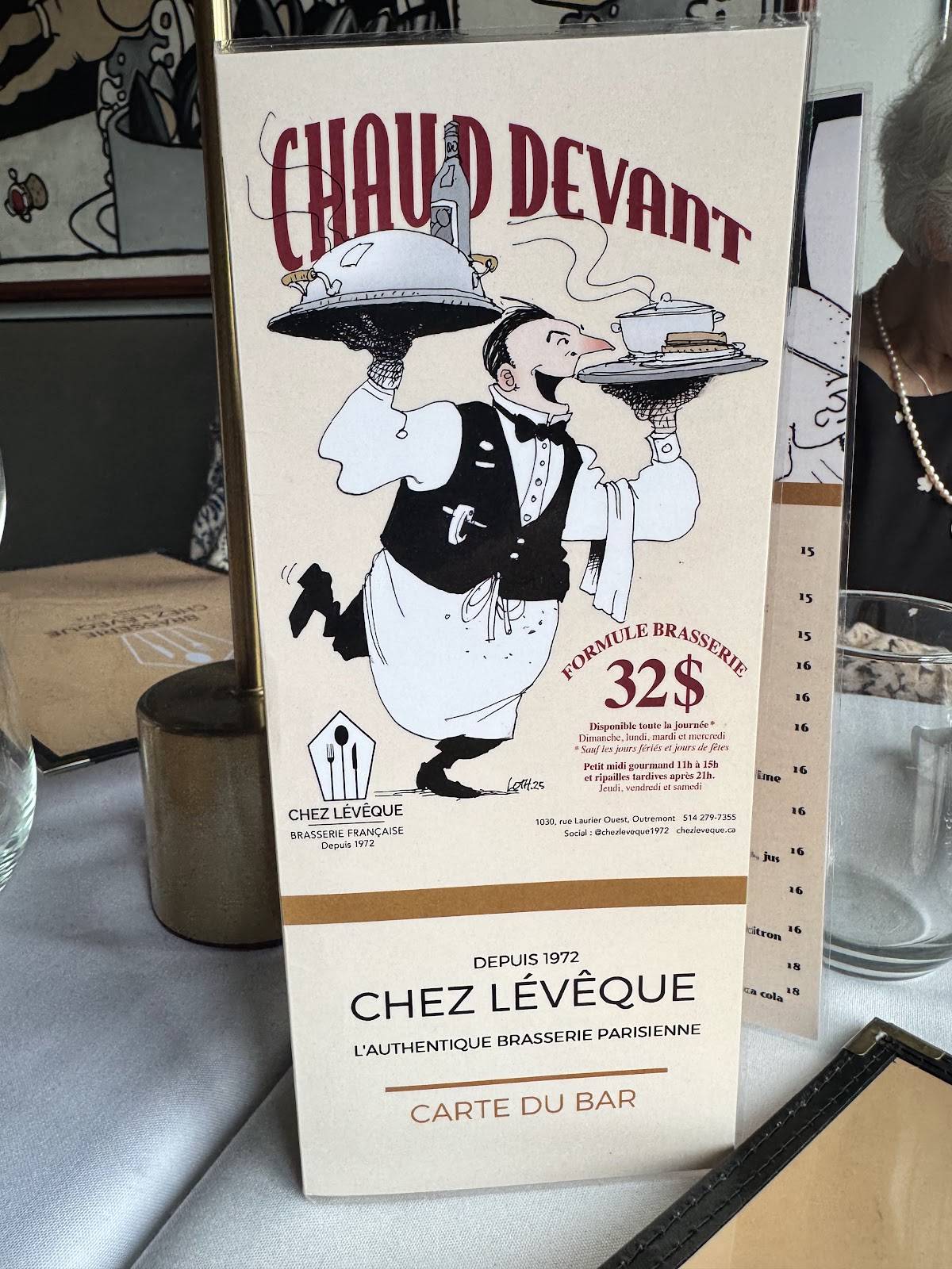 Menu at Chez Leveque restaurant, Montréal