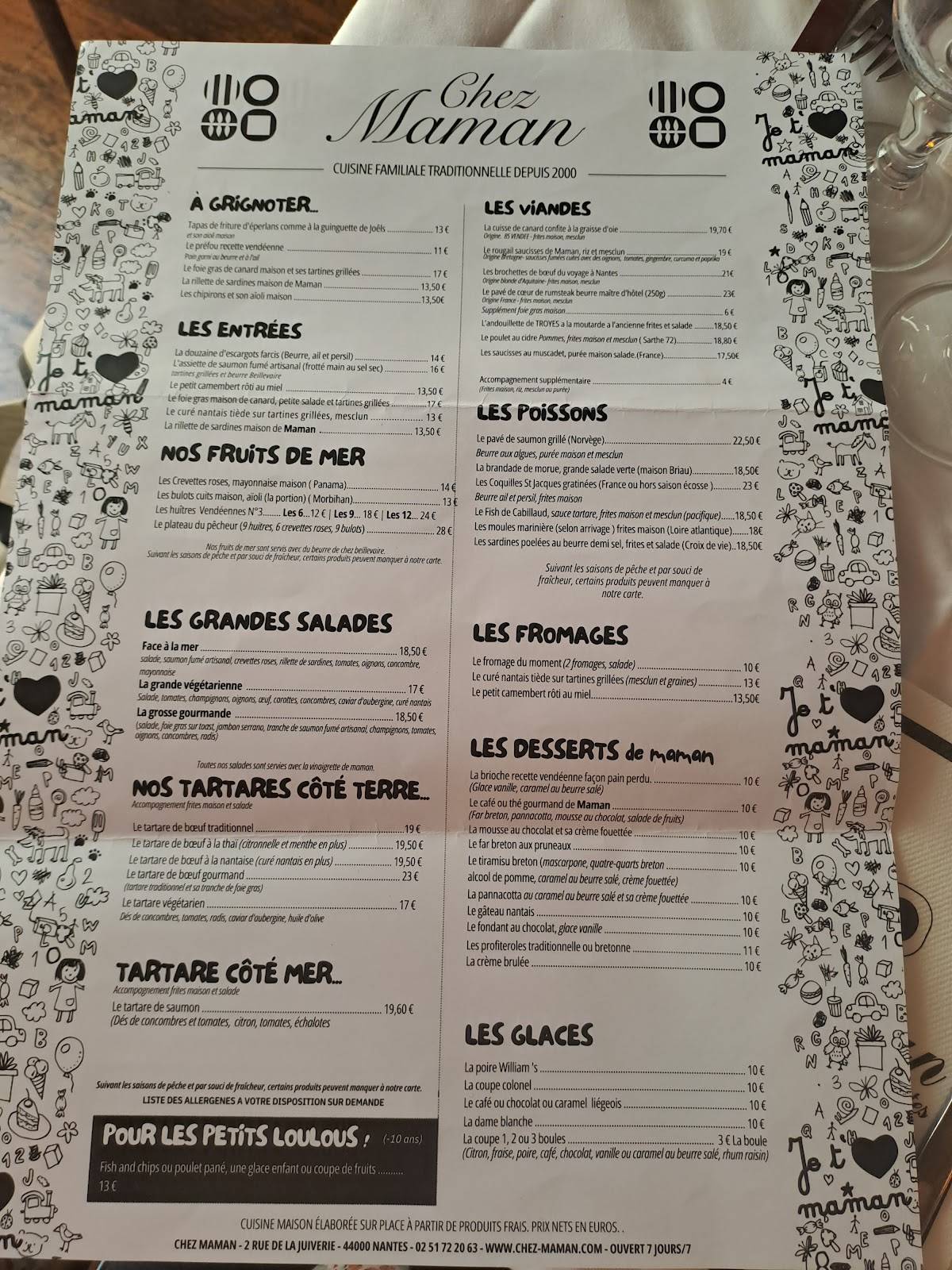 Menu au Chez Maman restaurant, Nantes