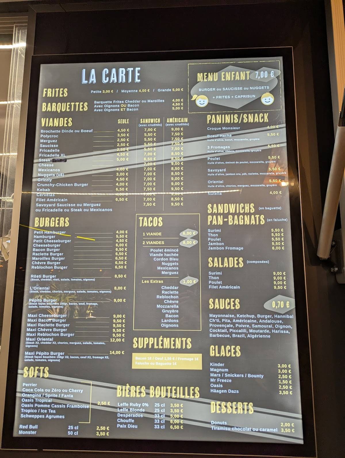 Menu au Chez Pepito fast food, Béthune
