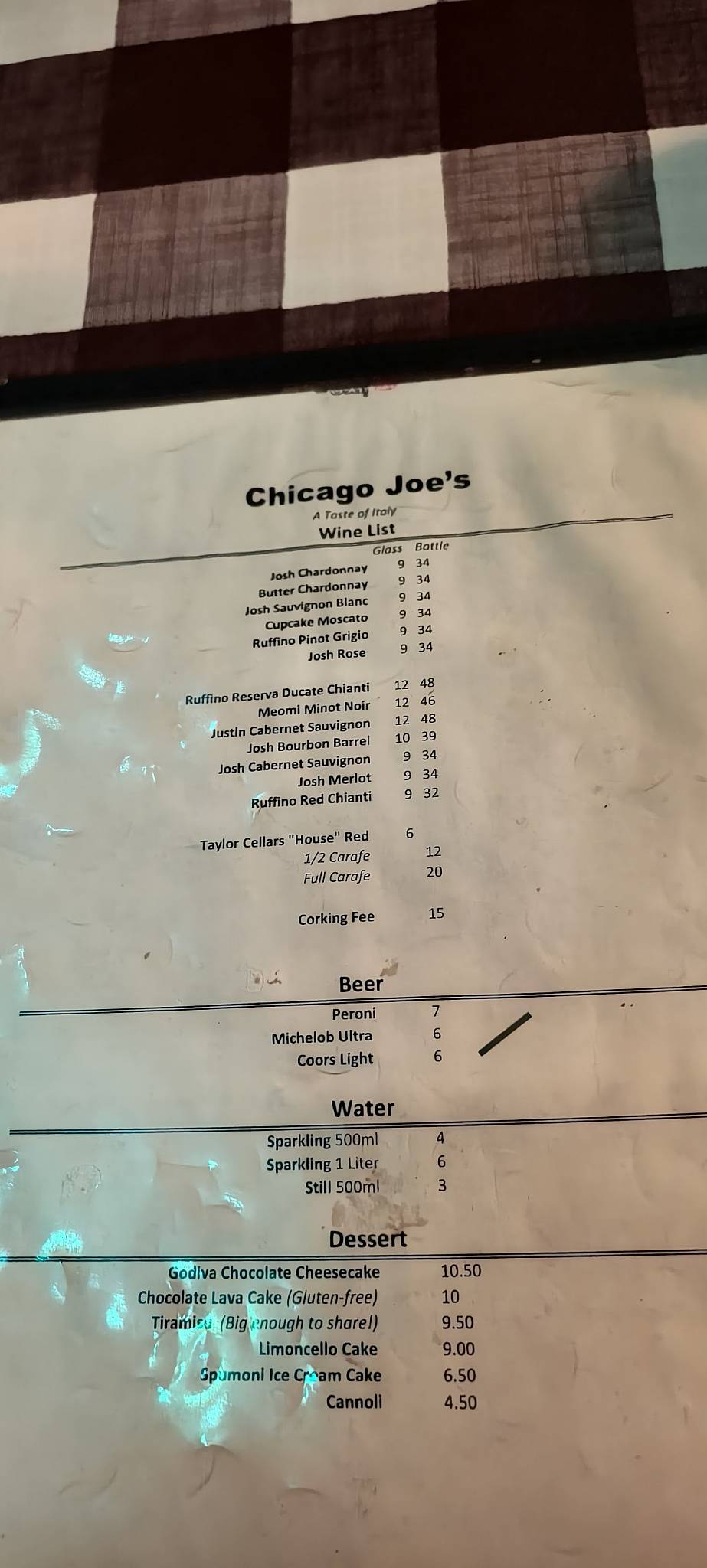 Menu at Chicago Joe's Restaurant, Las Vegas