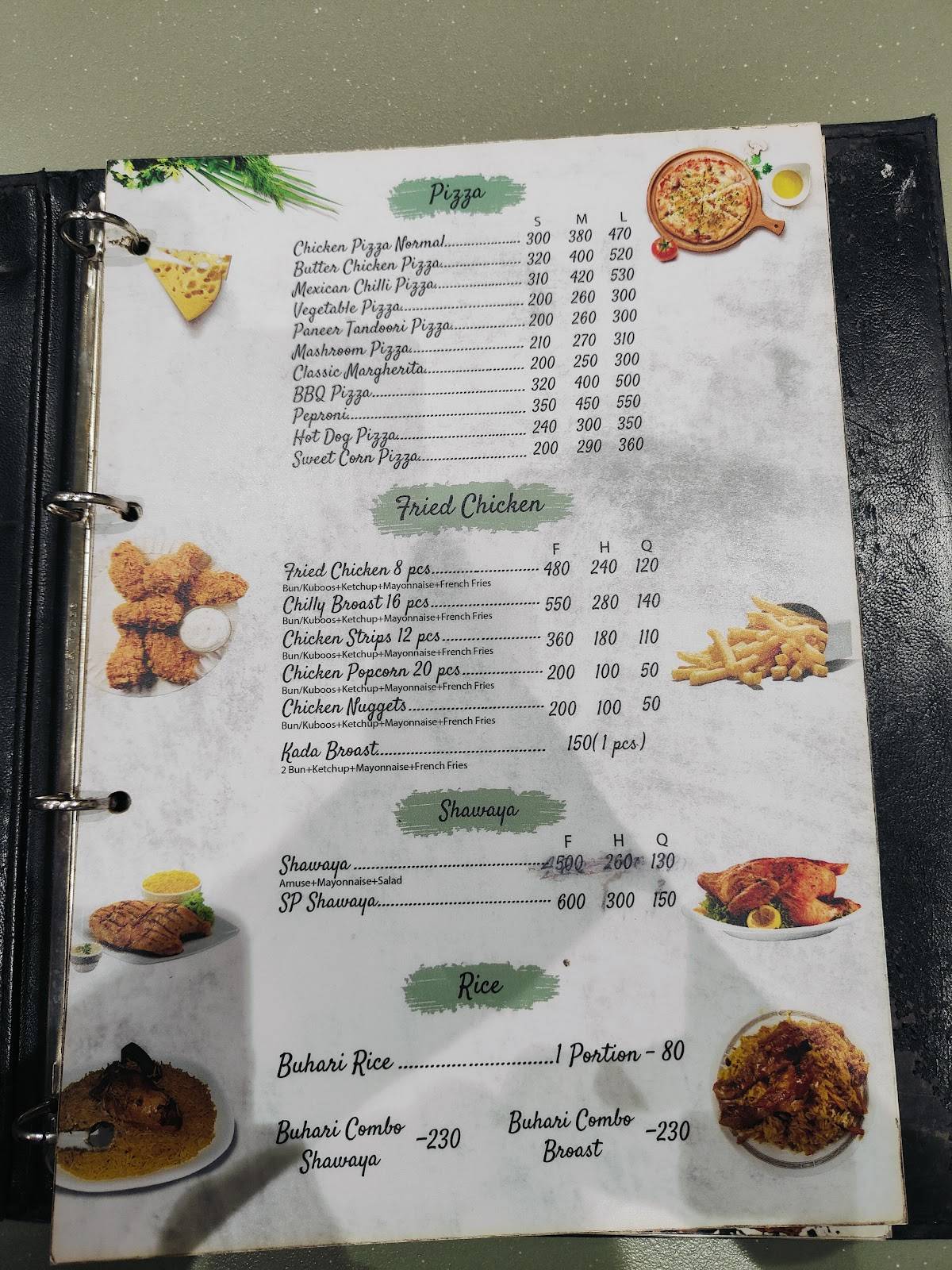 Menu at Chickago Arabic shwarma, Kottakkal