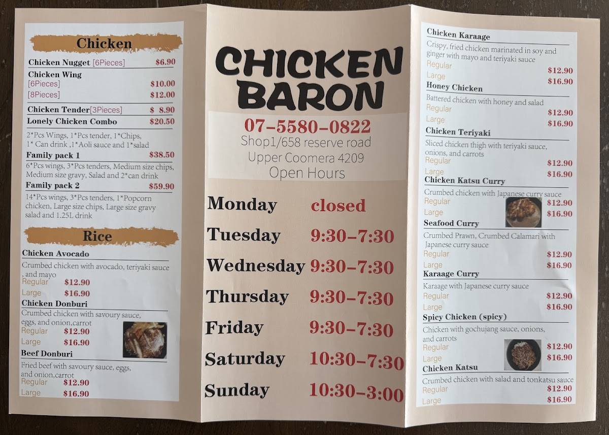 Menu at Chicken Baron Carvery, Upper Coomera