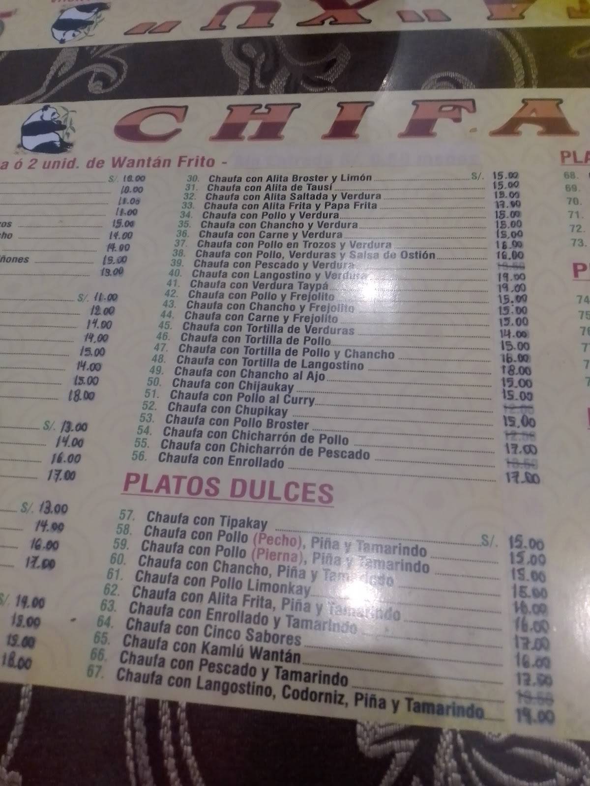 Menu at Chifa XU restaurant, Peru