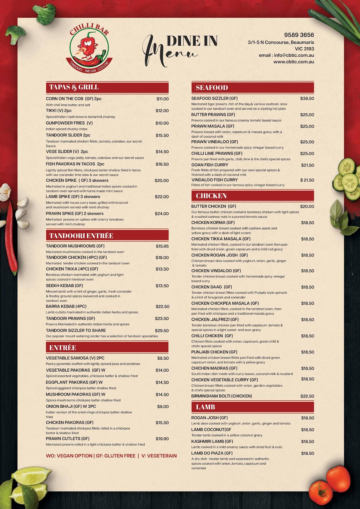 Menu at Chilli Bar Tandoori Indian Cuisine, Beaumaris