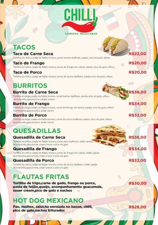 Menu at Chilli comidas mexicanas restaurant, Florianópolis
