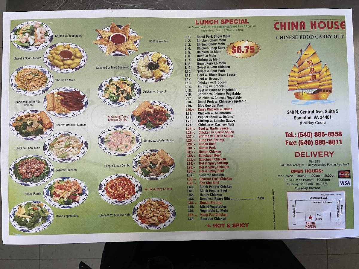 Menu at China House Restaurant, Staunton, 240 N Central Ave #5