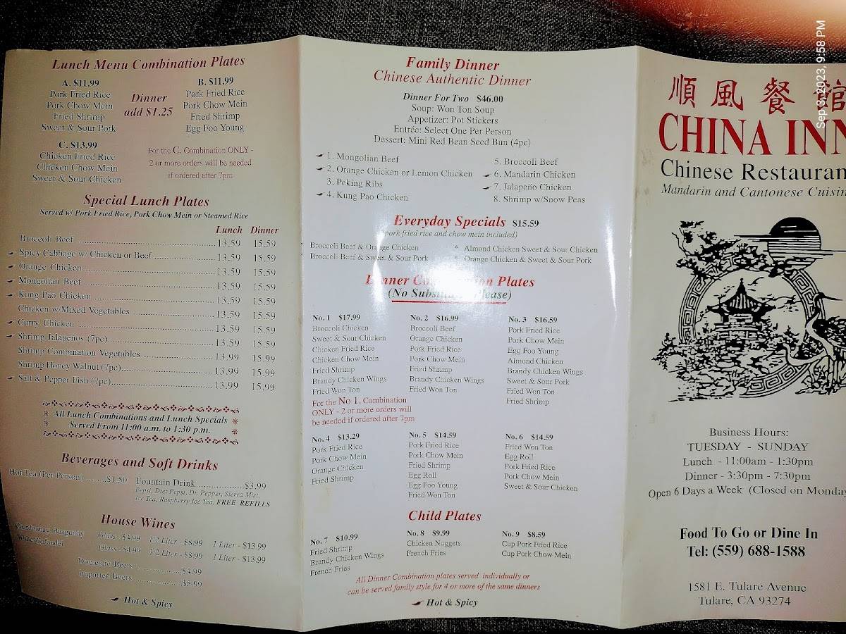 Menu at China Inn Restaurant, Tulare, E Tulare Ave